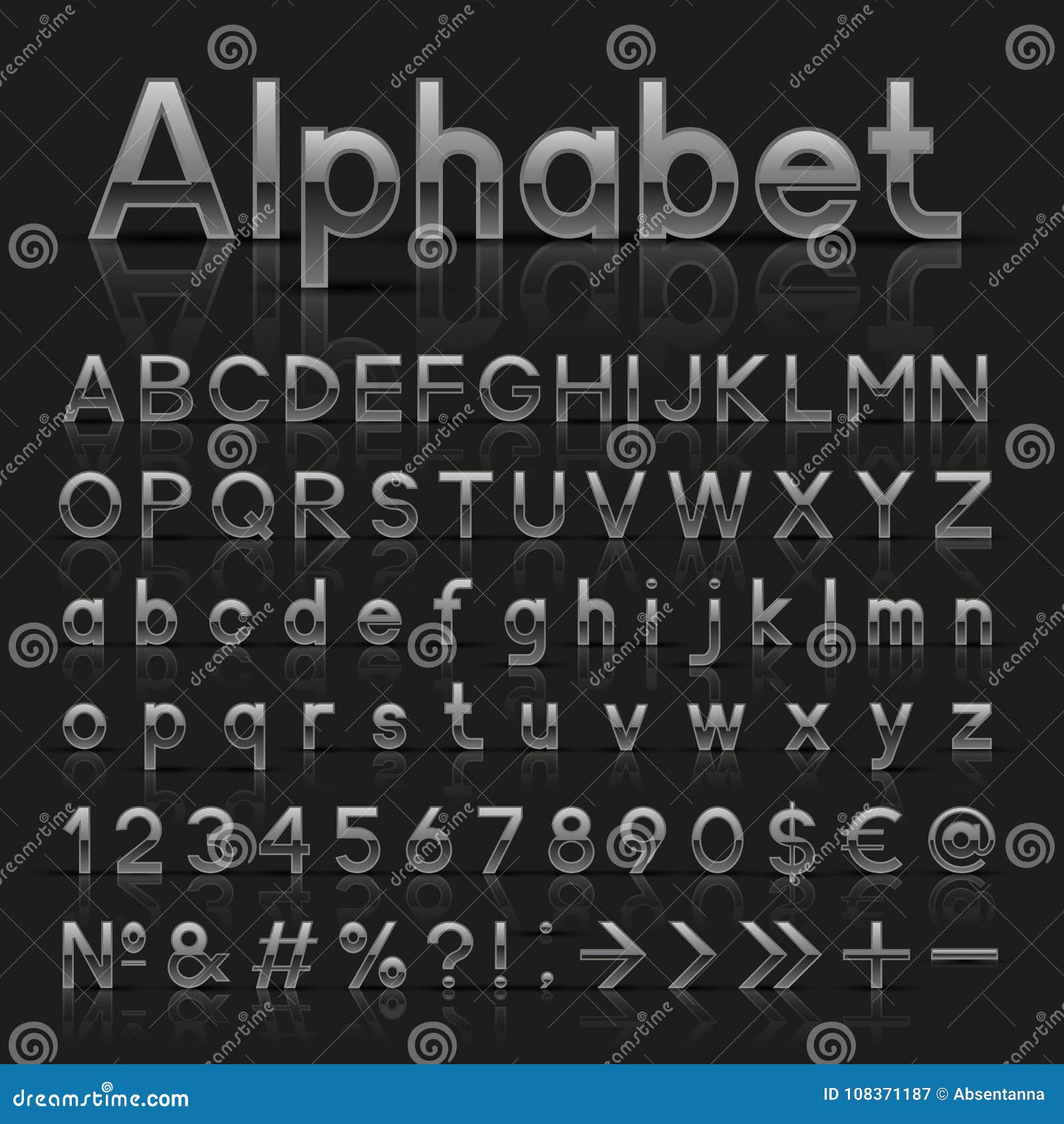 Decorative silver alphabet stock vector. Illustration of reflection ...