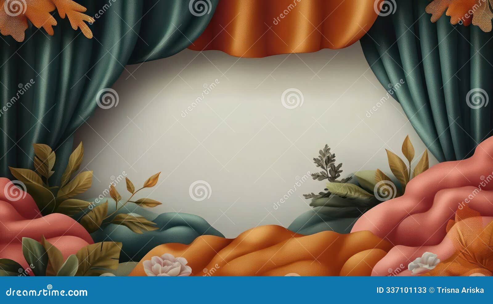 A Decorative Stage Backdrop with Flowing Fabric and Floral Elements ...