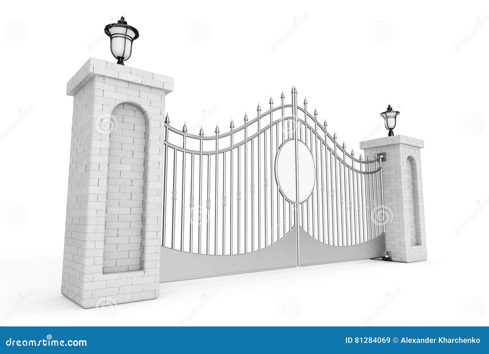 Decorative Steel Gate with Brick Pillars and Lights. 3d Rendering Stock ...