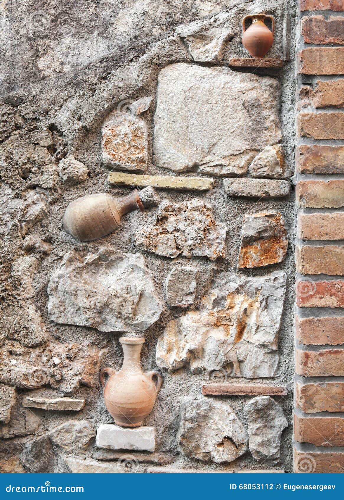 Decorative Stone Wall Texture with Pottery Pots Stock Photo - Image of ...