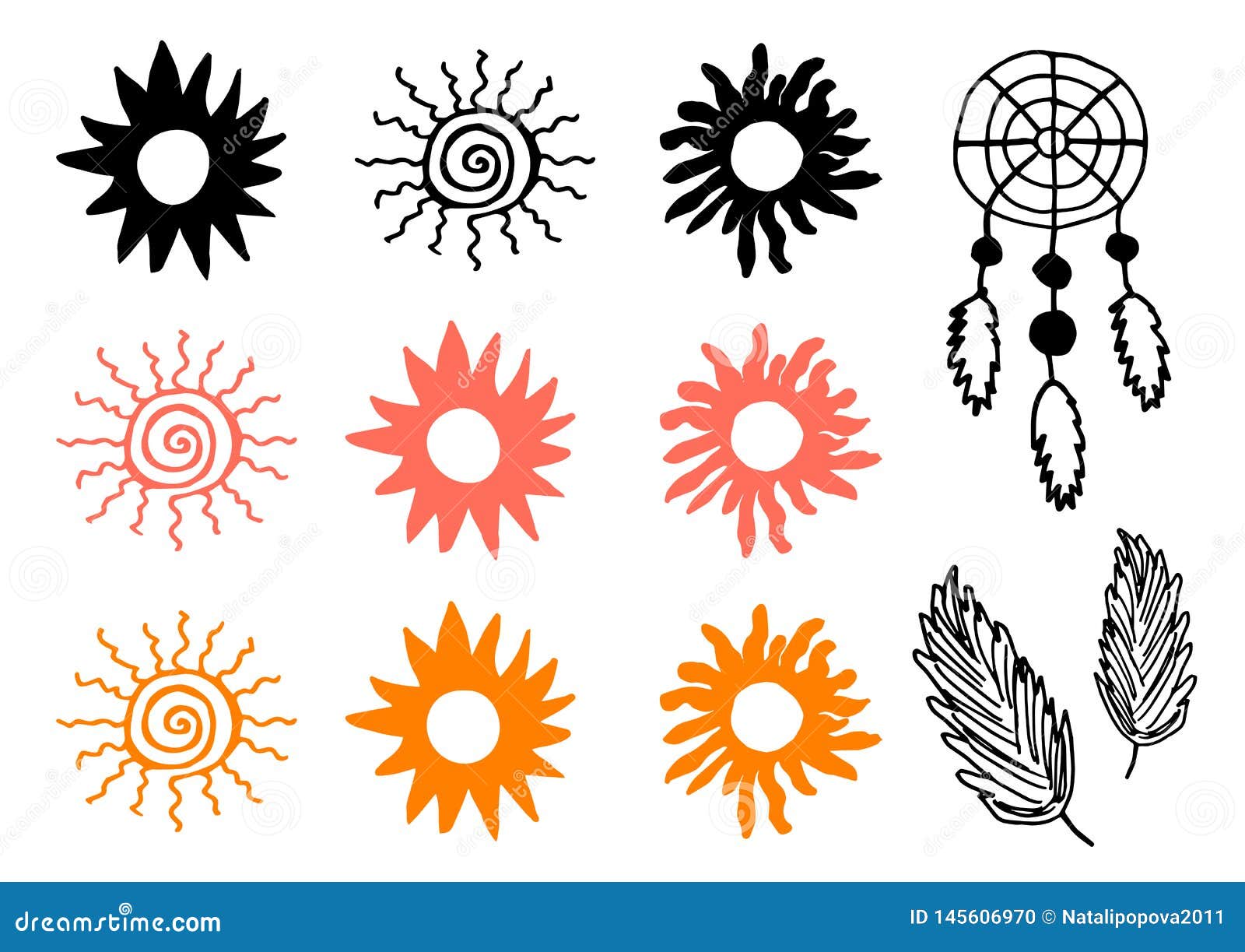 Decorative Sun and Feathers. Vector Illustration. Doodle Illustration ...