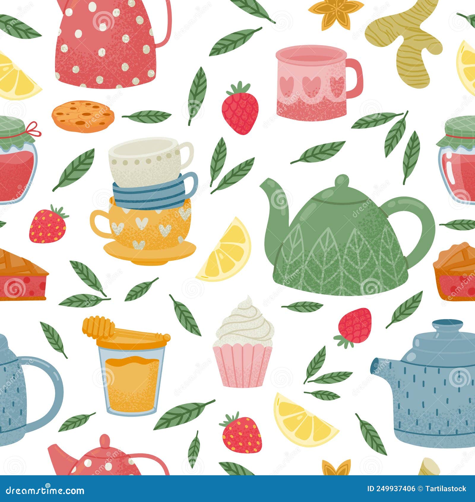 Decorative Tea Time Seamless Pattern with Teapot and Cup Stock Vector ...