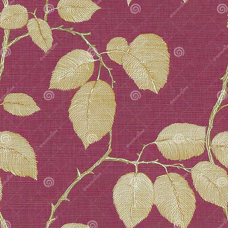 A Decorative Textile Featuring Intricate Gold Leaf Patterns on a Rich ...