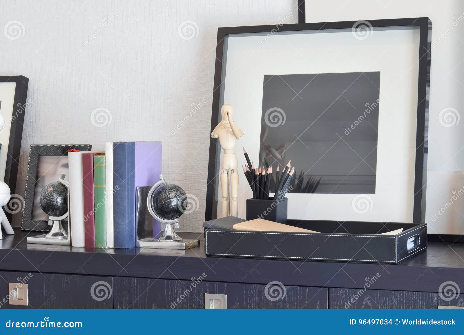 Decorative Tray with Book and Pencils on Wooden Table at Home Stock ...
