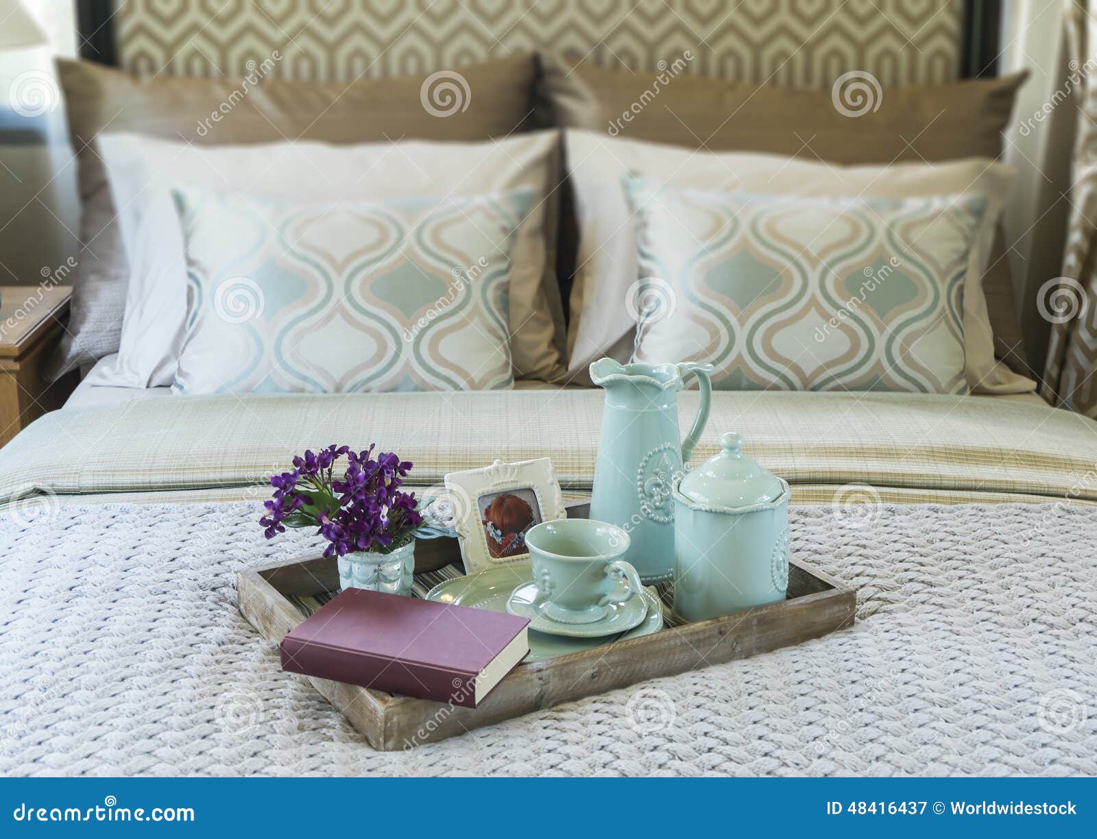 Decorative Tray with Book,tea Set and Flower Stock Image - Image of ...