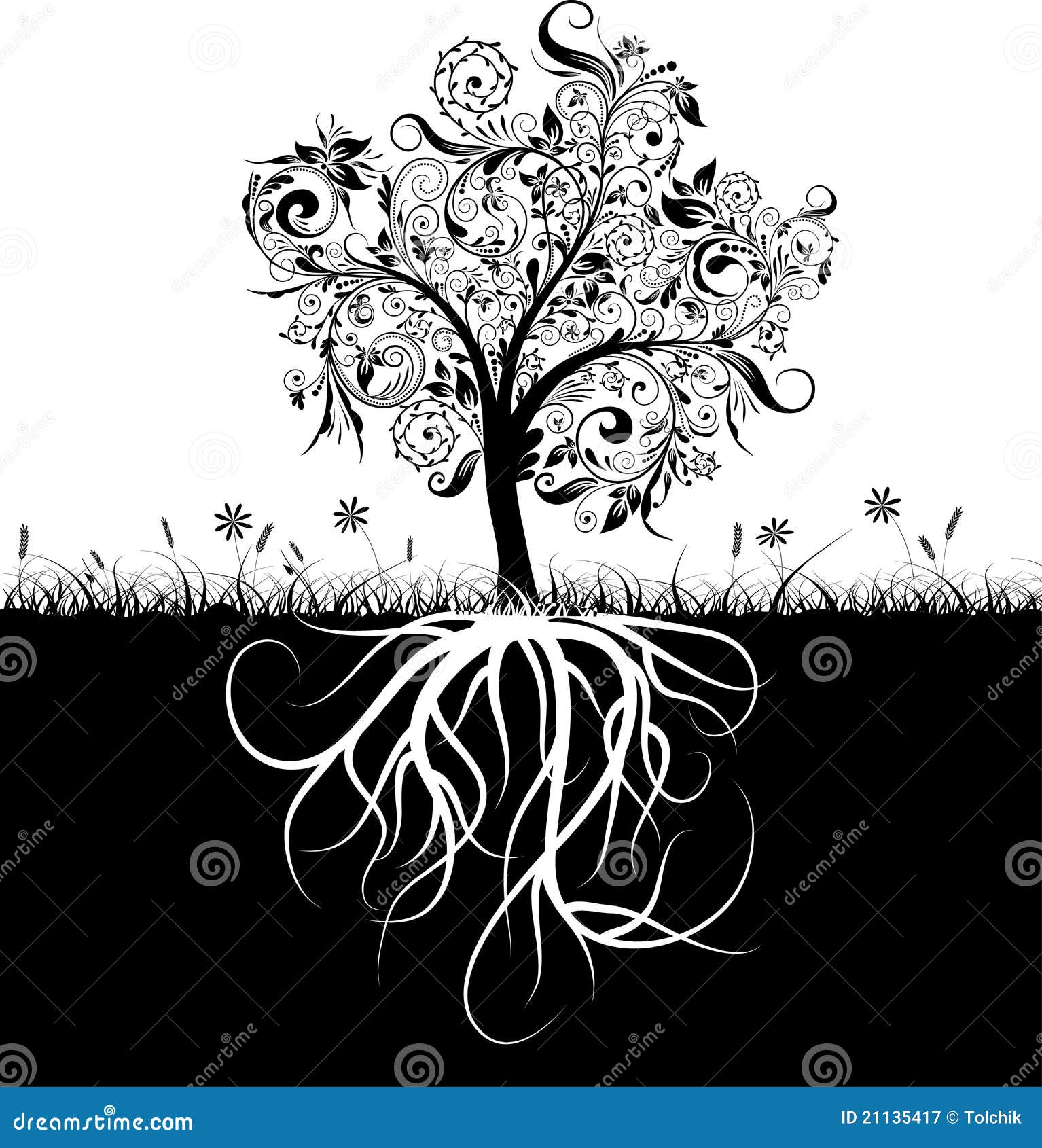 Decorative Tree and Roots, Grass Stock Vector - Illustration of leaf ...