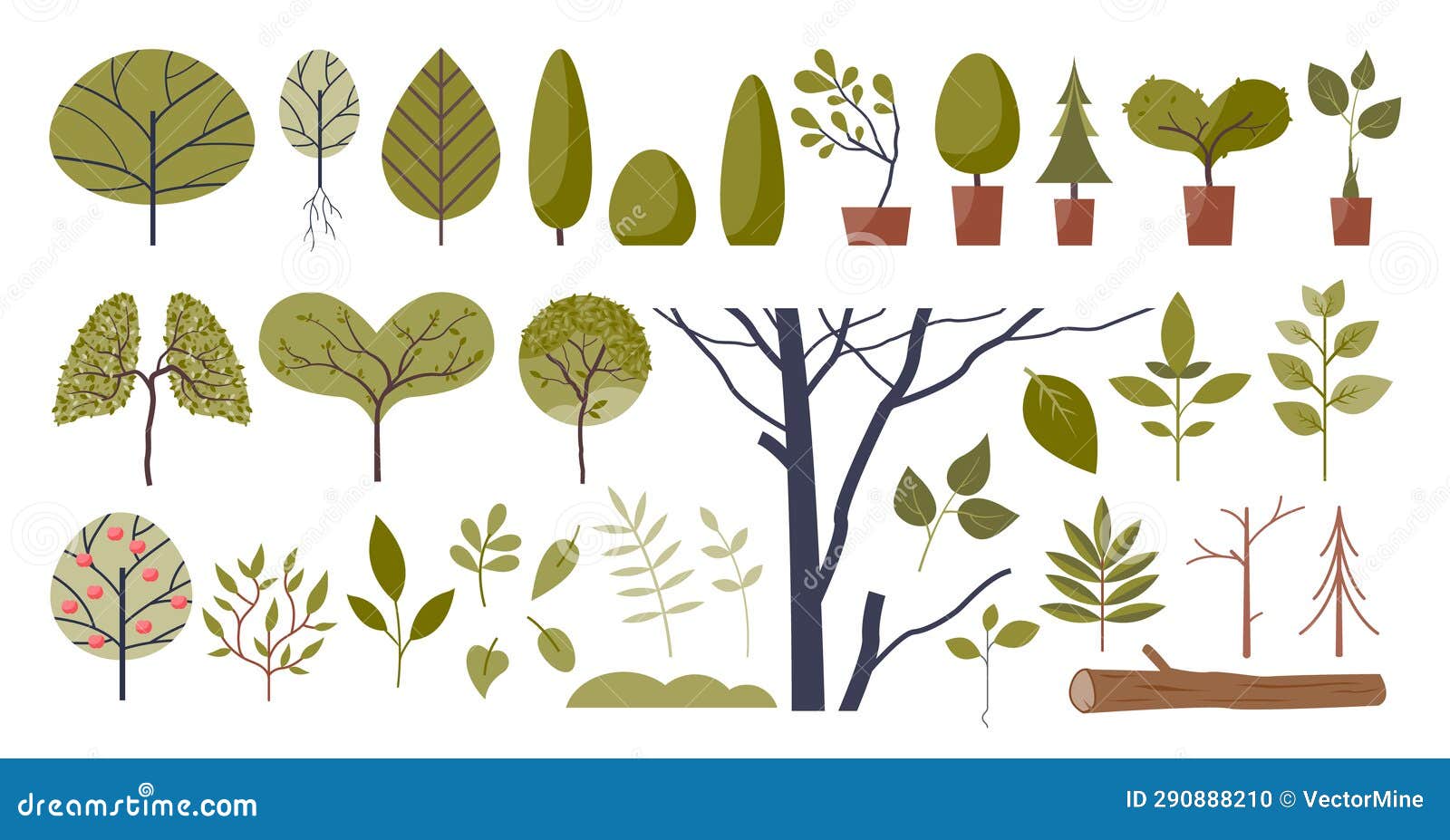Decorative Trees Forms and Green Stylish Plants Elements in Collection ...