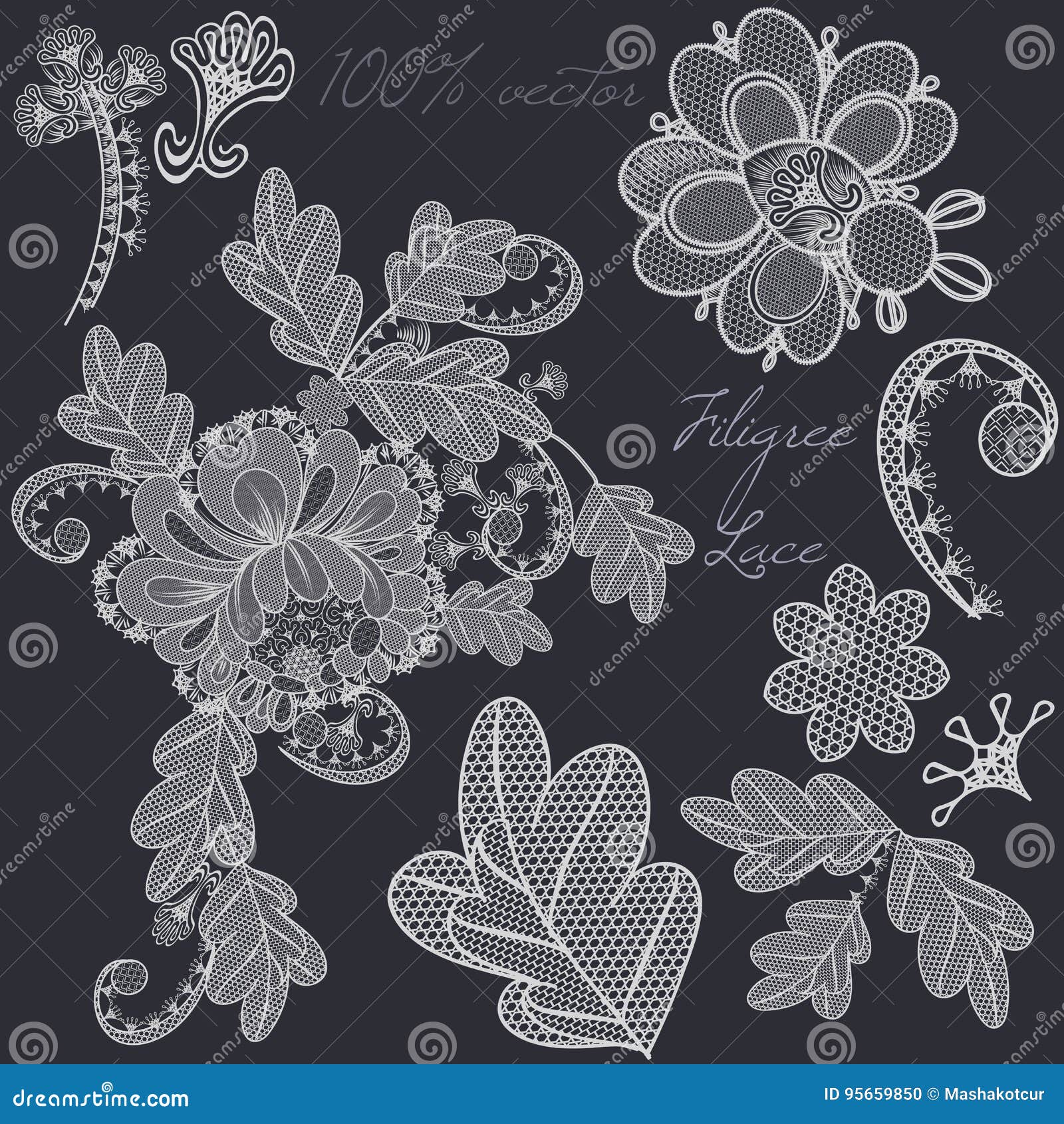 Decorative Vector Filigree Lace Design in White Color. Set of Elements ...