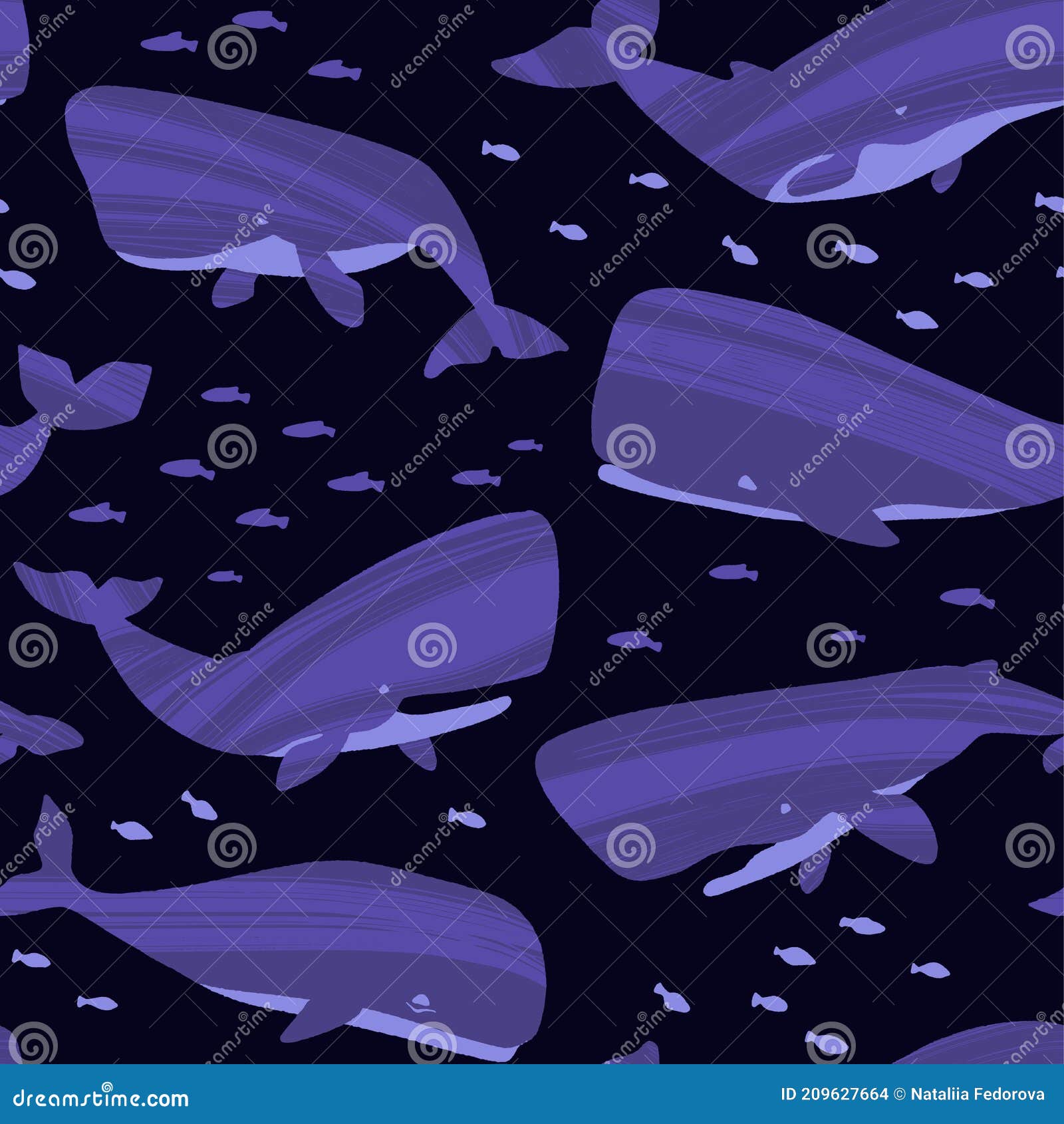 Repeated Texture with Hand Drawn Marine Mammals: Blue Whale, White ...