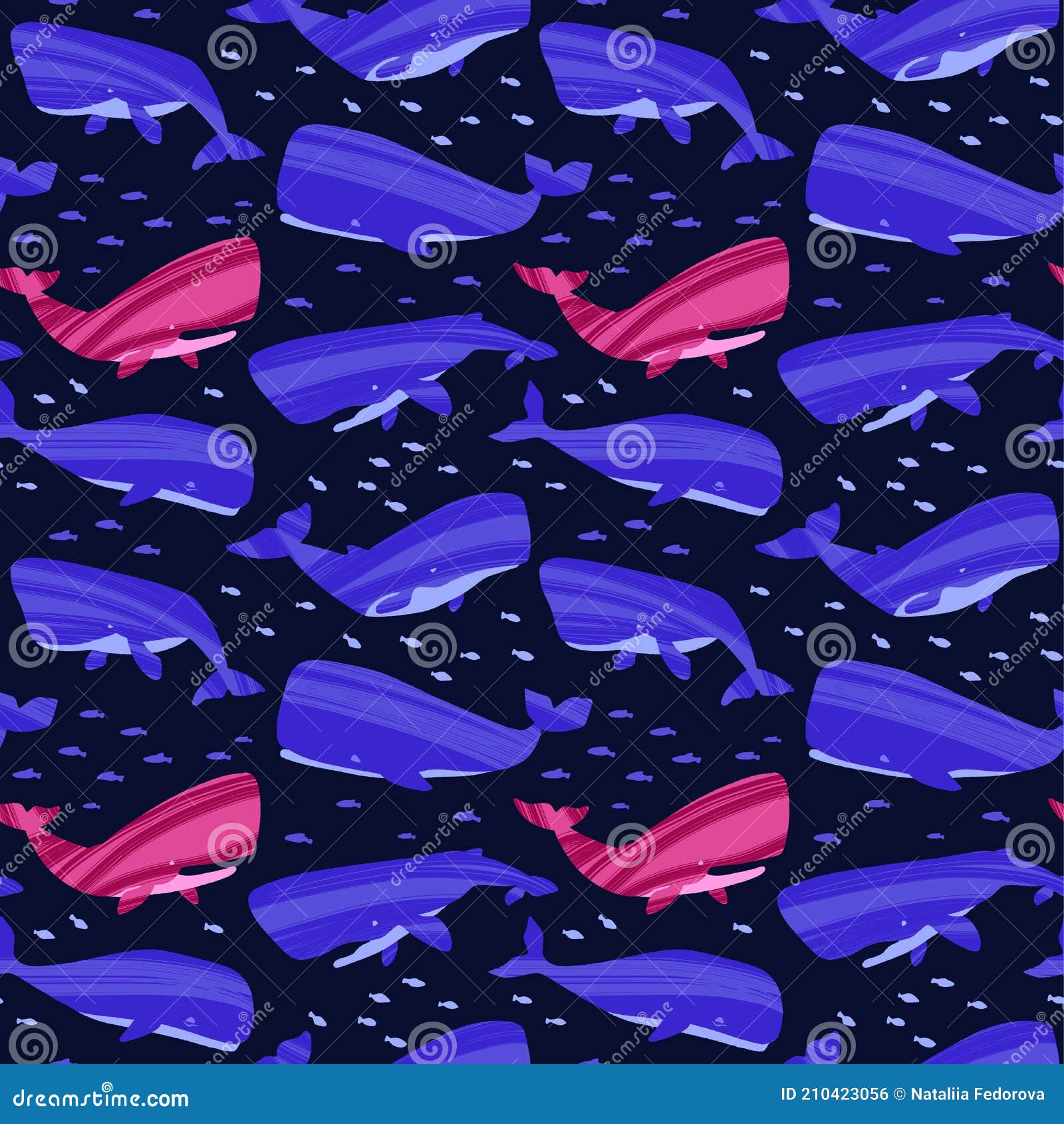 Repeated Texture with Hand Drawn Marine Mammals: Blue Whale, White ...