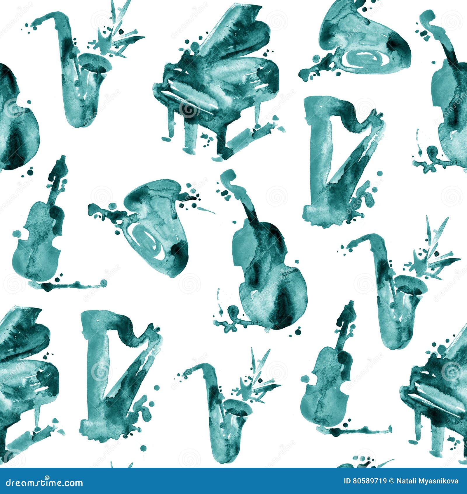 Decorative Watercolor Splash Music Seamless Pattern Stock Illustration ...