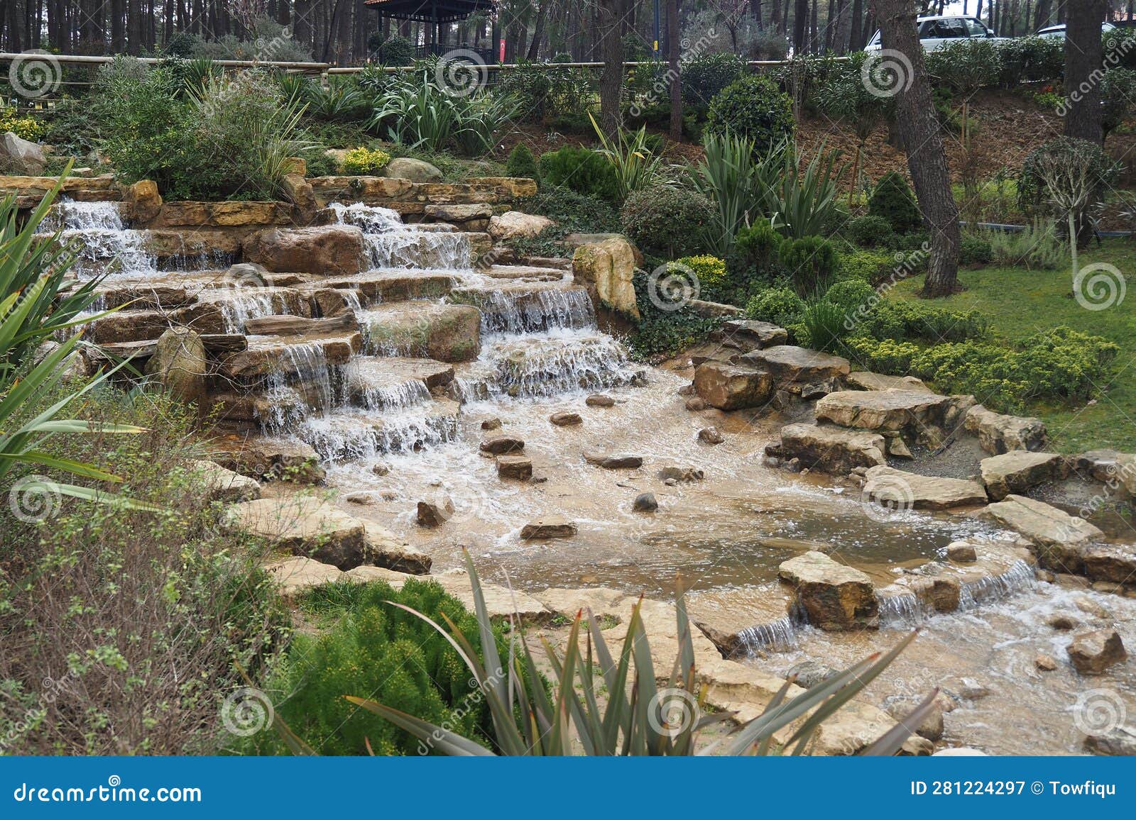 Decorative Waterfall Flowing from High. Stock Image - Image of wooden ...