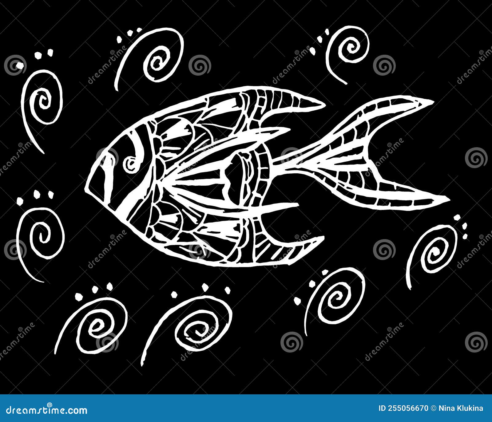 Decorative Fish of White Color on a Black Background Stock Illustration ...