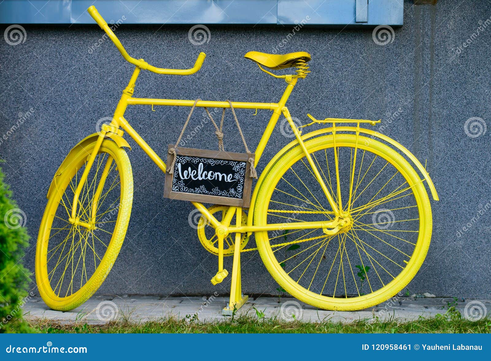 Decorative Yellow Bicycle with Sign Standing Stock Image - Image of ...