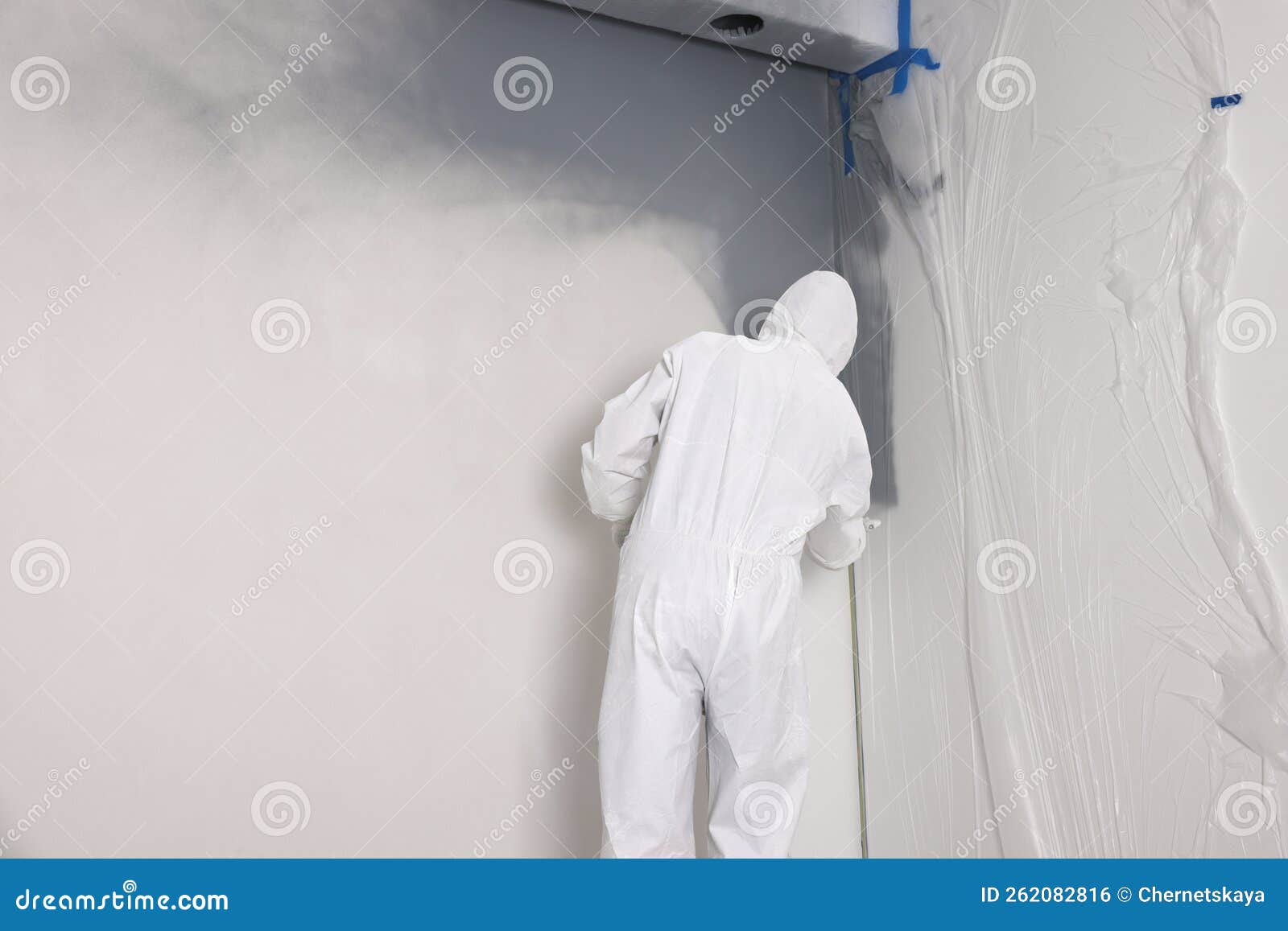 Decorator Painting Wall with Spray, Back View Stock Photo - Image of ...