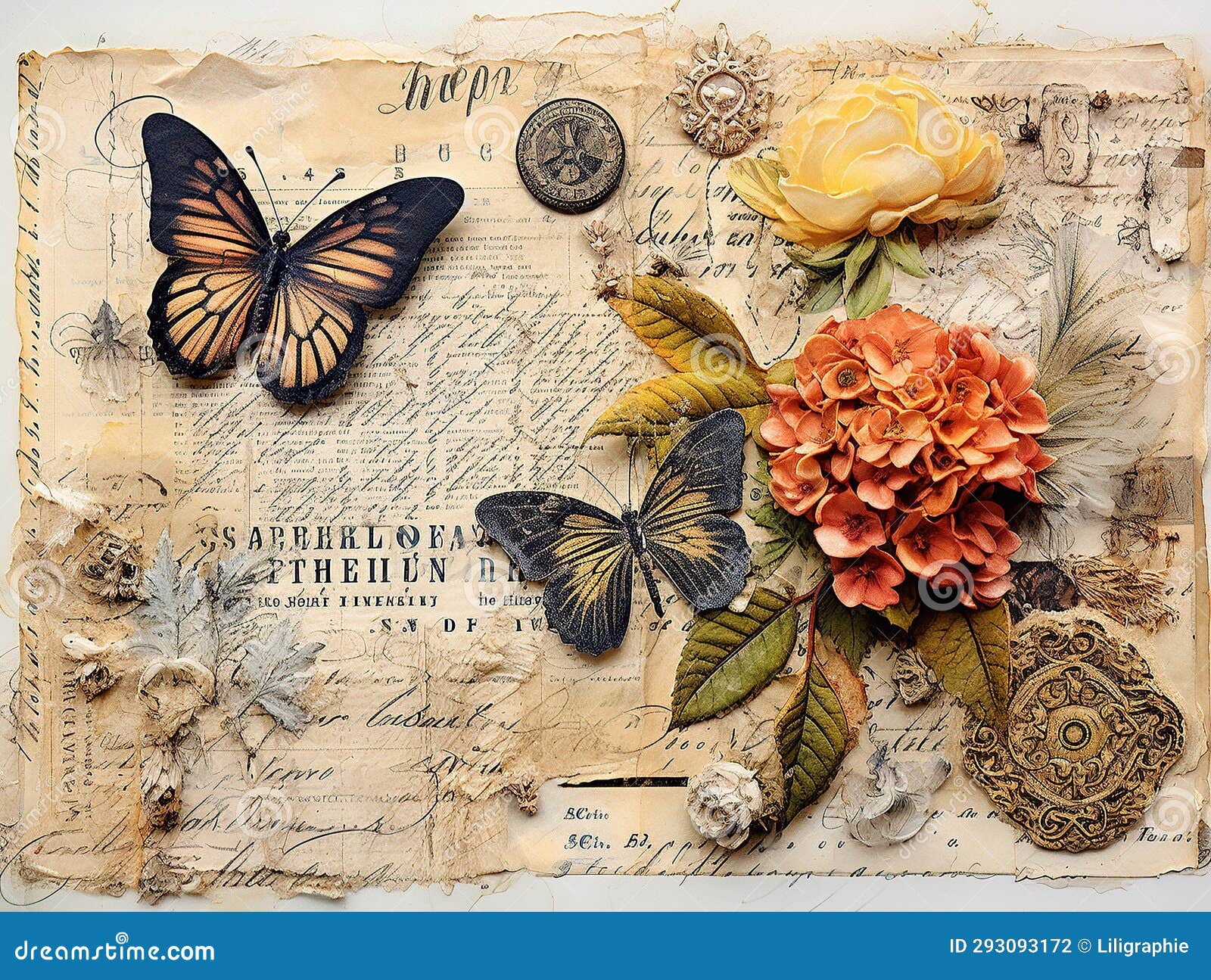 Vintage Ephemera Background With Victorian Style Flowers And Engravings
