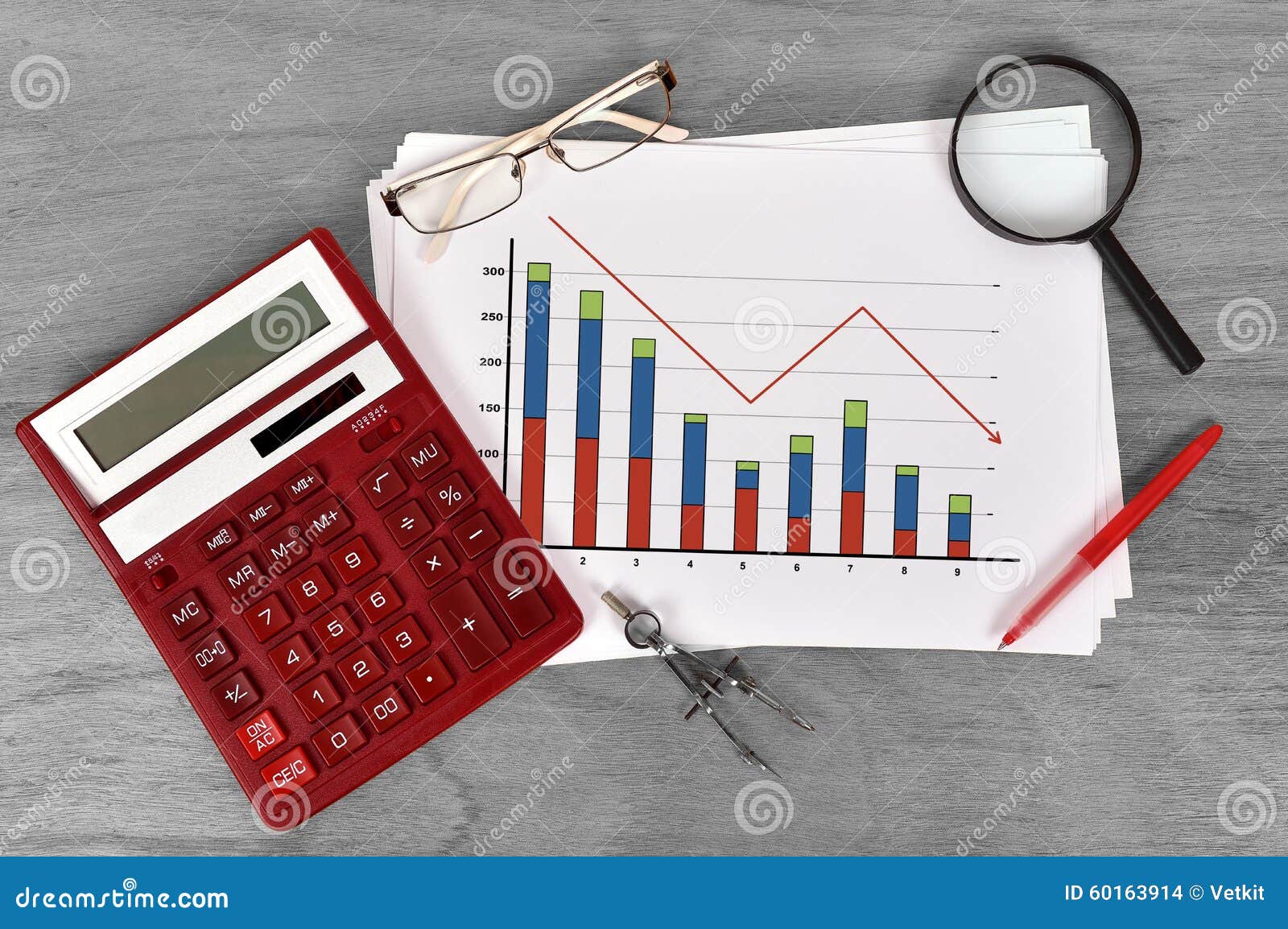 Decreasing business graph stock photo. Image of magnifying - 60163914