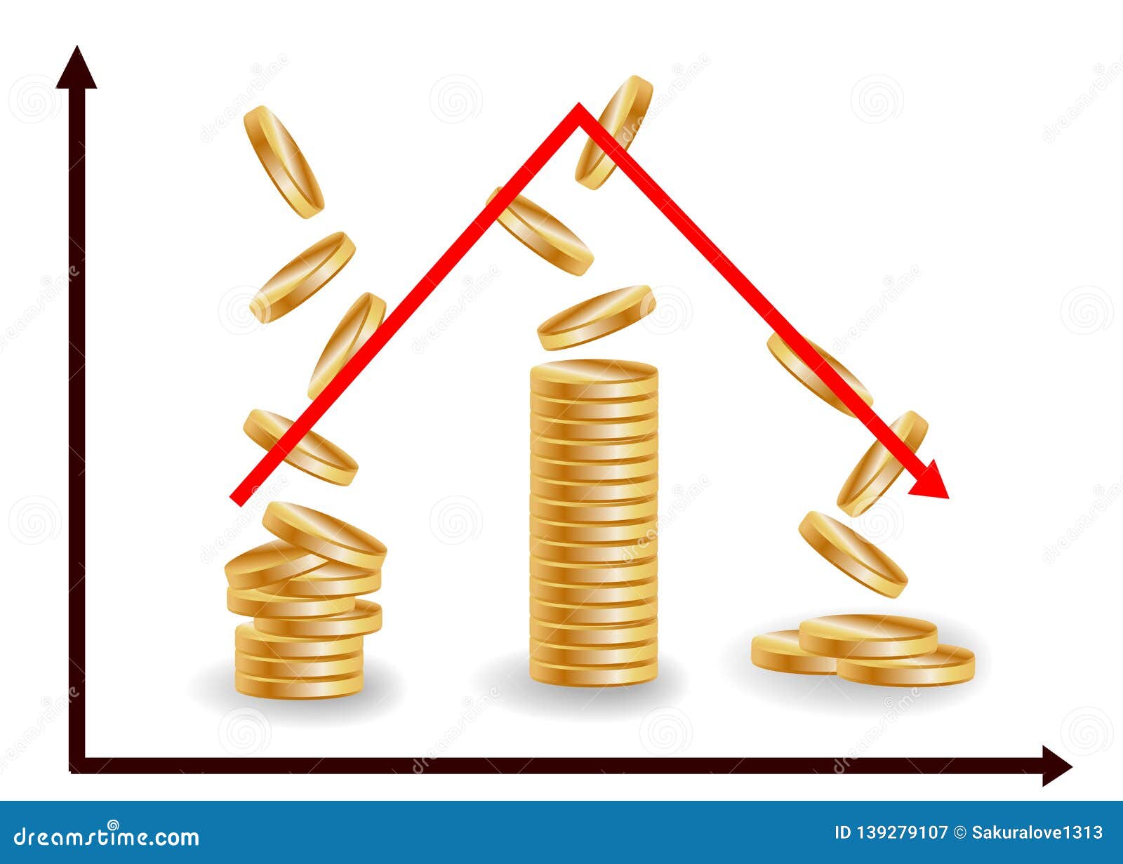 Decreasing Piles of Coins with Going Down Graph. Concept for Financial ...