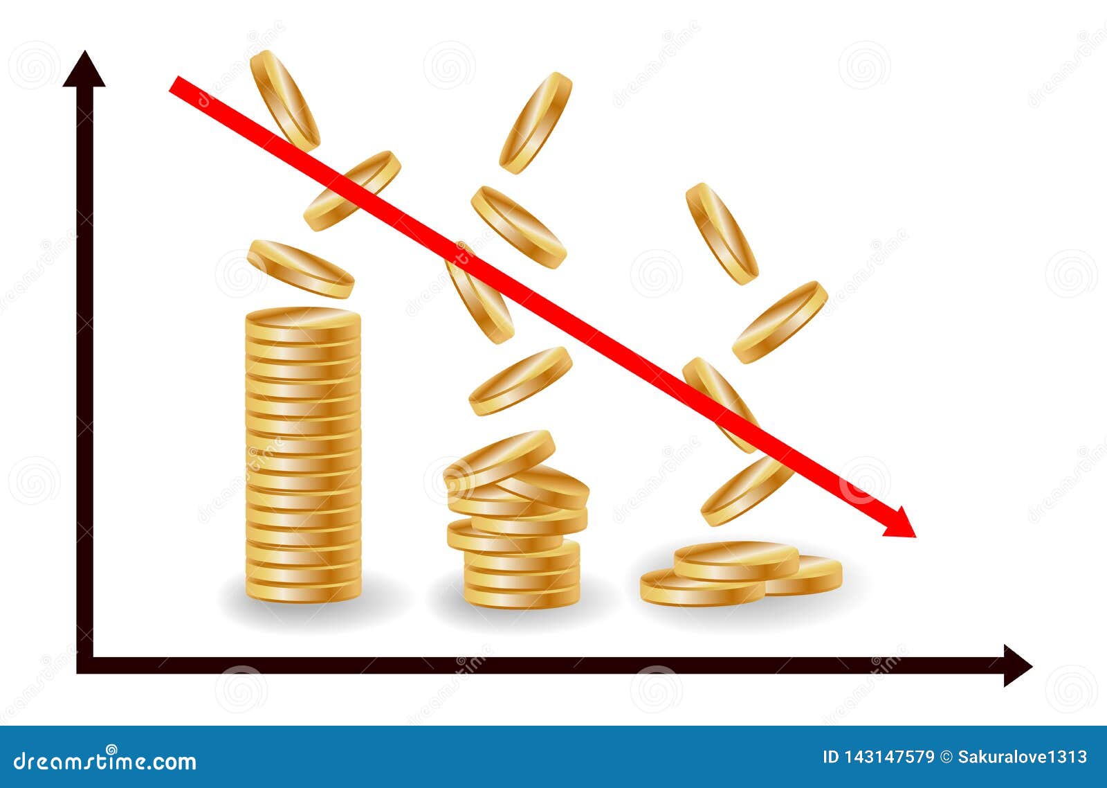 Decreasing Piles Of Coins With Going Down Graph. Concept For Financial ...