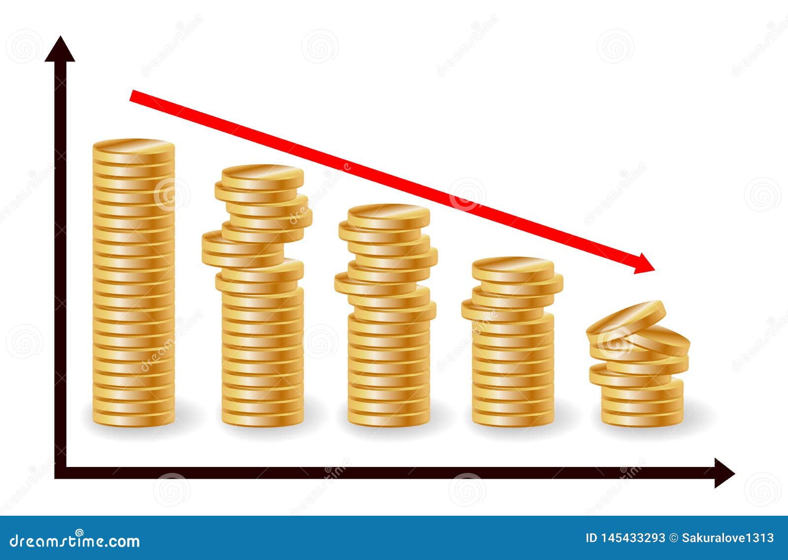 Decreasing Piles of Coins with Going Down Graph. Concept for Financial ...