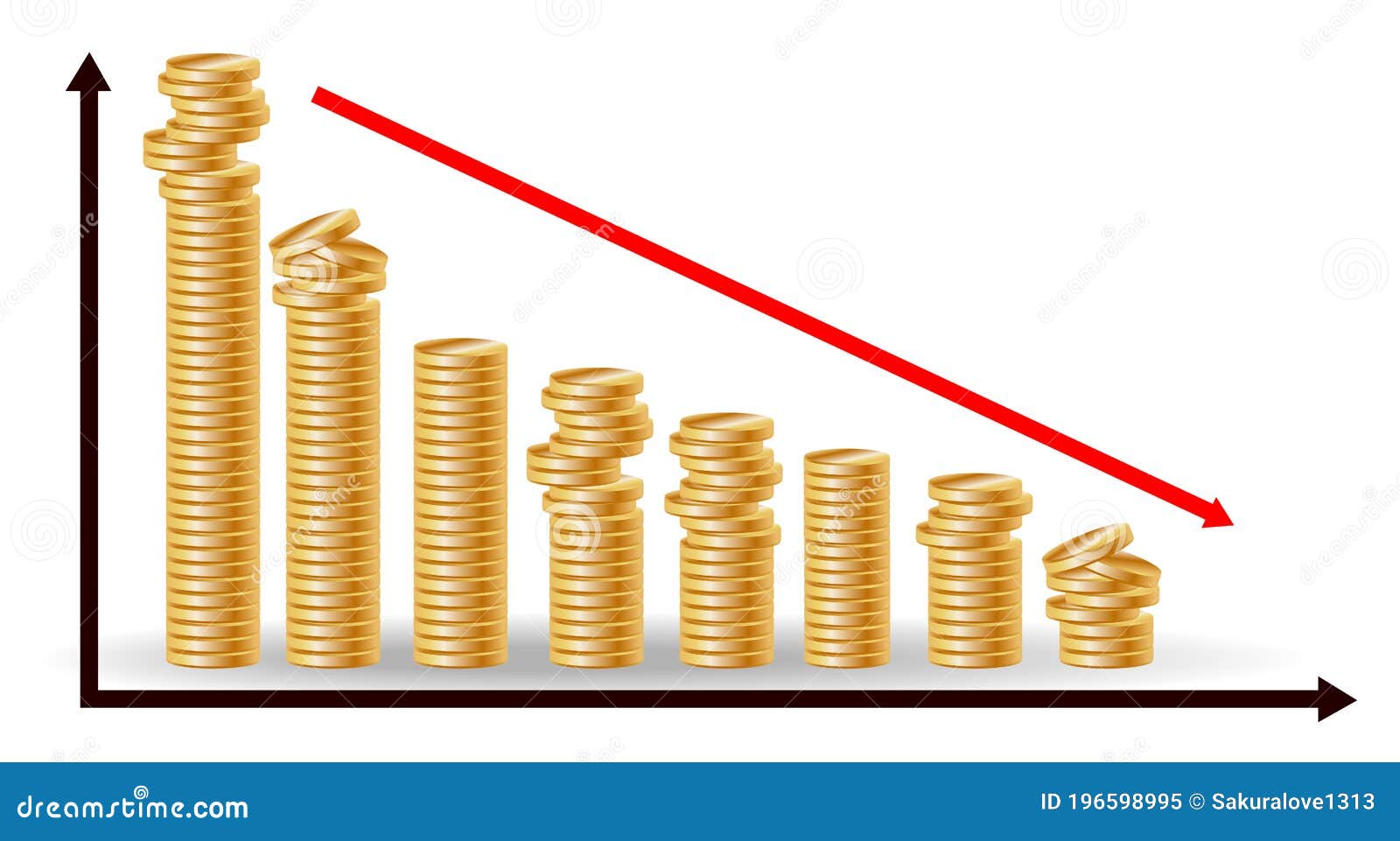 Decreasing Piles of Coins with Going Down Graph. Concept for Financial ...
