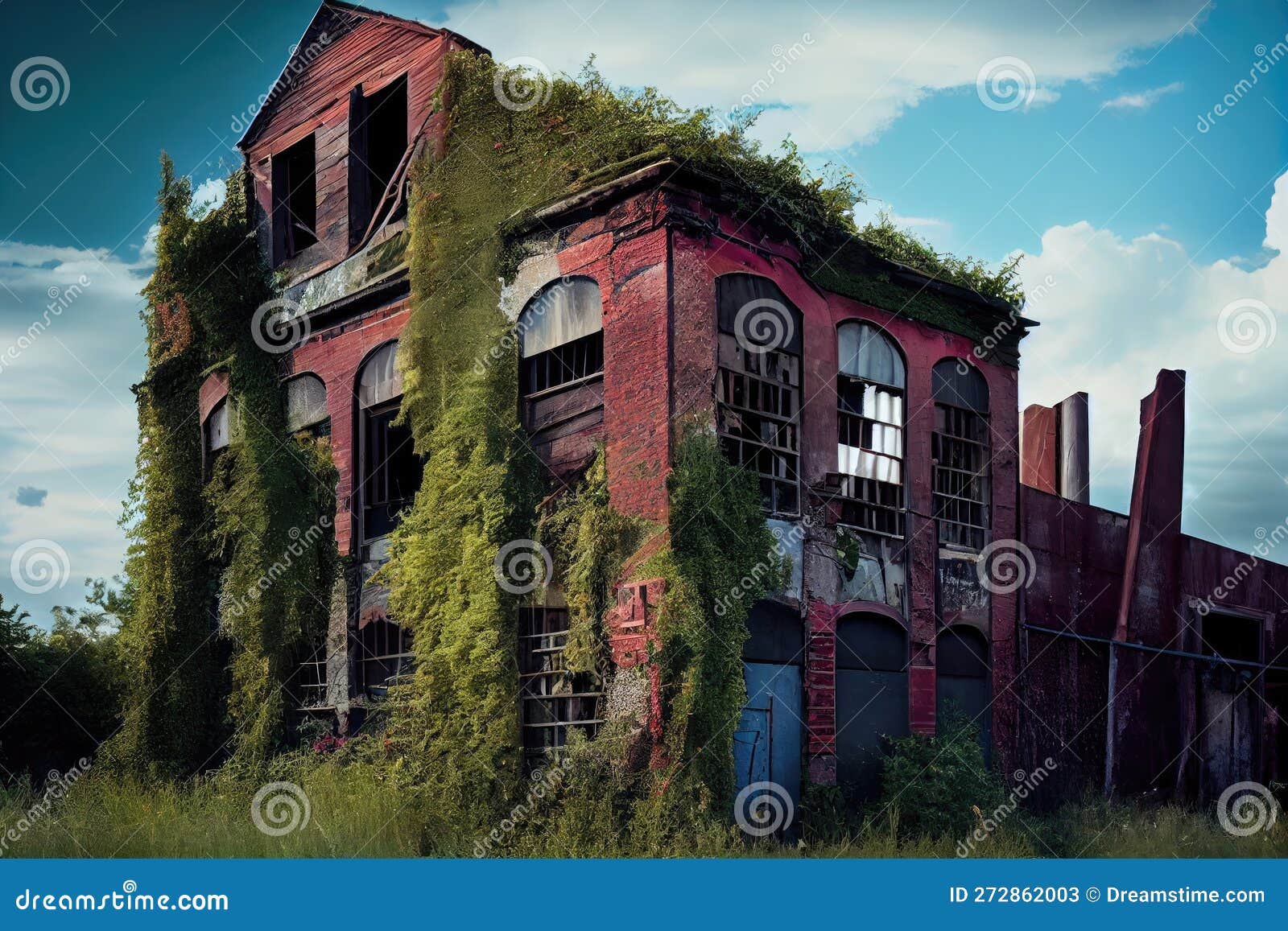 Decrepit Factory, with Broken Windows and Peeling Paint, Surrounded by ...