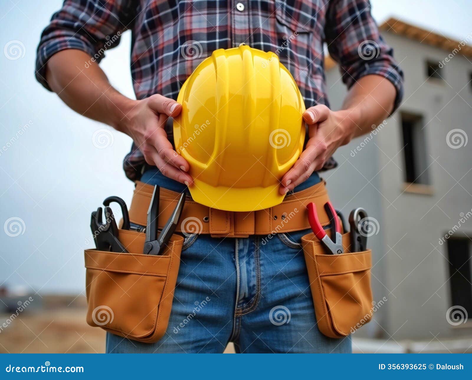 Dedicated Construction Worker Holding Hard Hat with Tools in an Active ...
