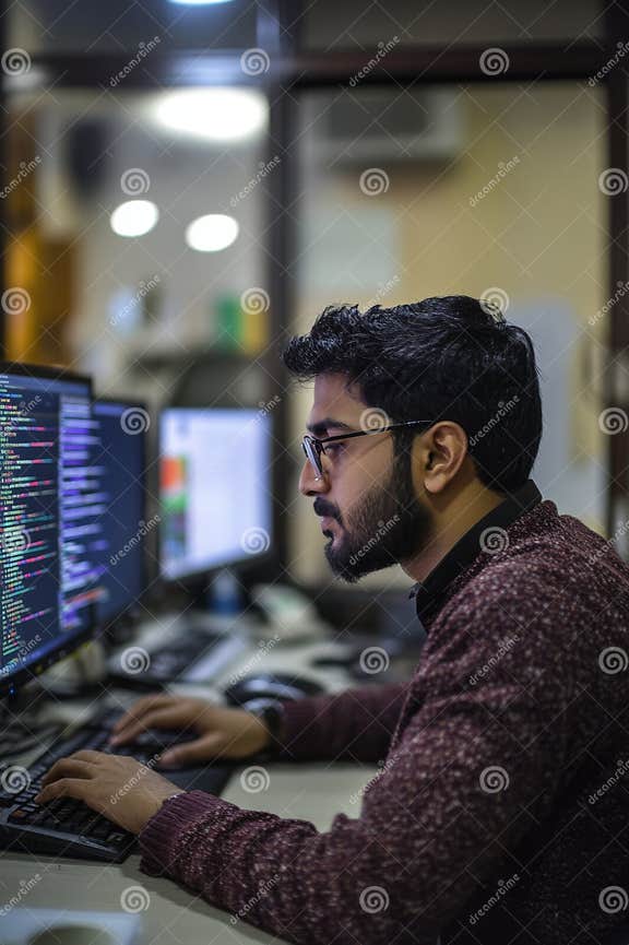 A Dedicated and Focused Programmer Working Late into the Night on a Software Development Project ...