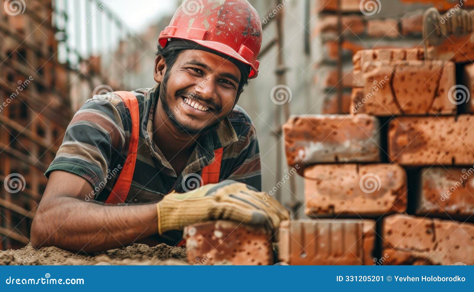 Dedicated Indian Laborer Building Brick Wall, Symbolizing Hard Work in ...