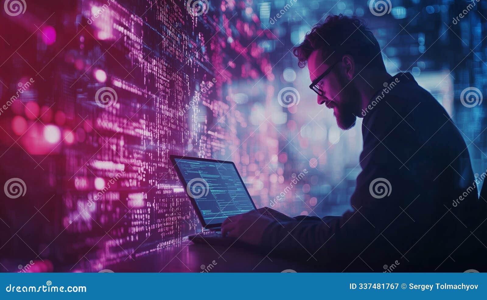 A Focused Programmer Coding on a Laptop Amid Vibrant Digital Data ... A Focused Programmer Coding on a Laptop Amid Vibrant Digital Data ...