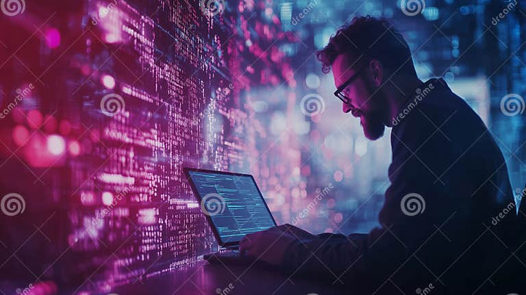 A Focused Programmer Coding on a Laptop Amid Vibrant Digital Data Visuals in a Modern Tech ...