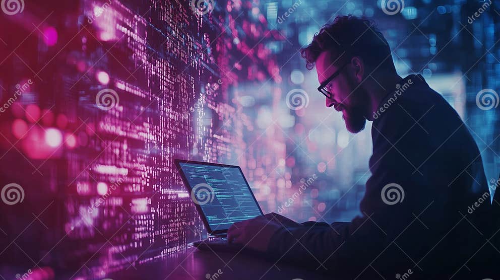 A Focused Programmer Coding on a Laptop Amid Vibrant Digital Data Visuals in a Modern Tech ...