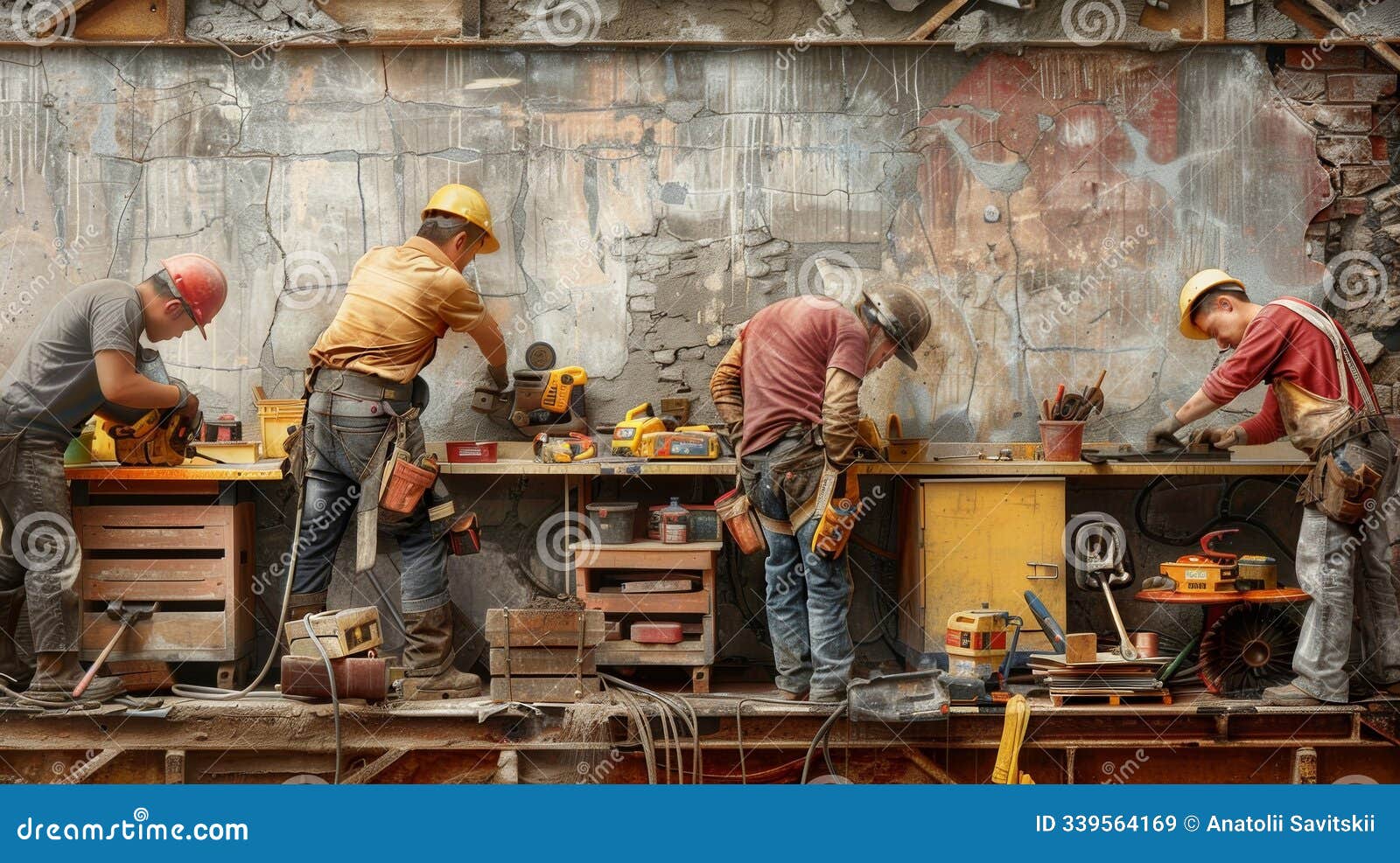 A Dedicated Repair Team Collaborates on a Construction Site, Using ...
