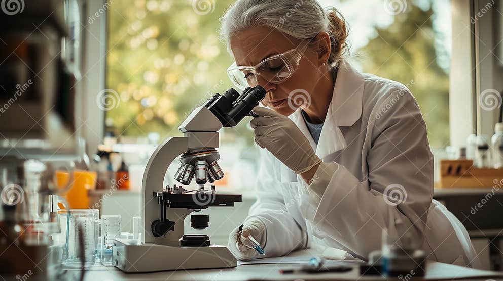 Experienced Scientist Examining Samples Under a Microscope in a Well ...