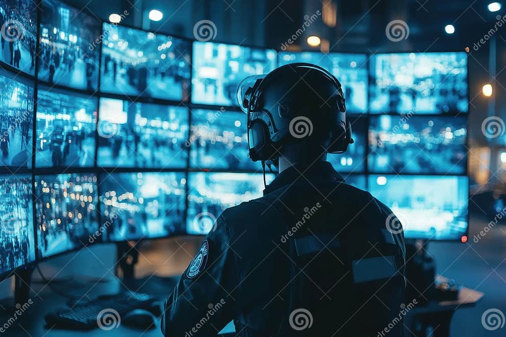 Focused Security Operator Monitoring Multiple Surveillance Screens in a ...