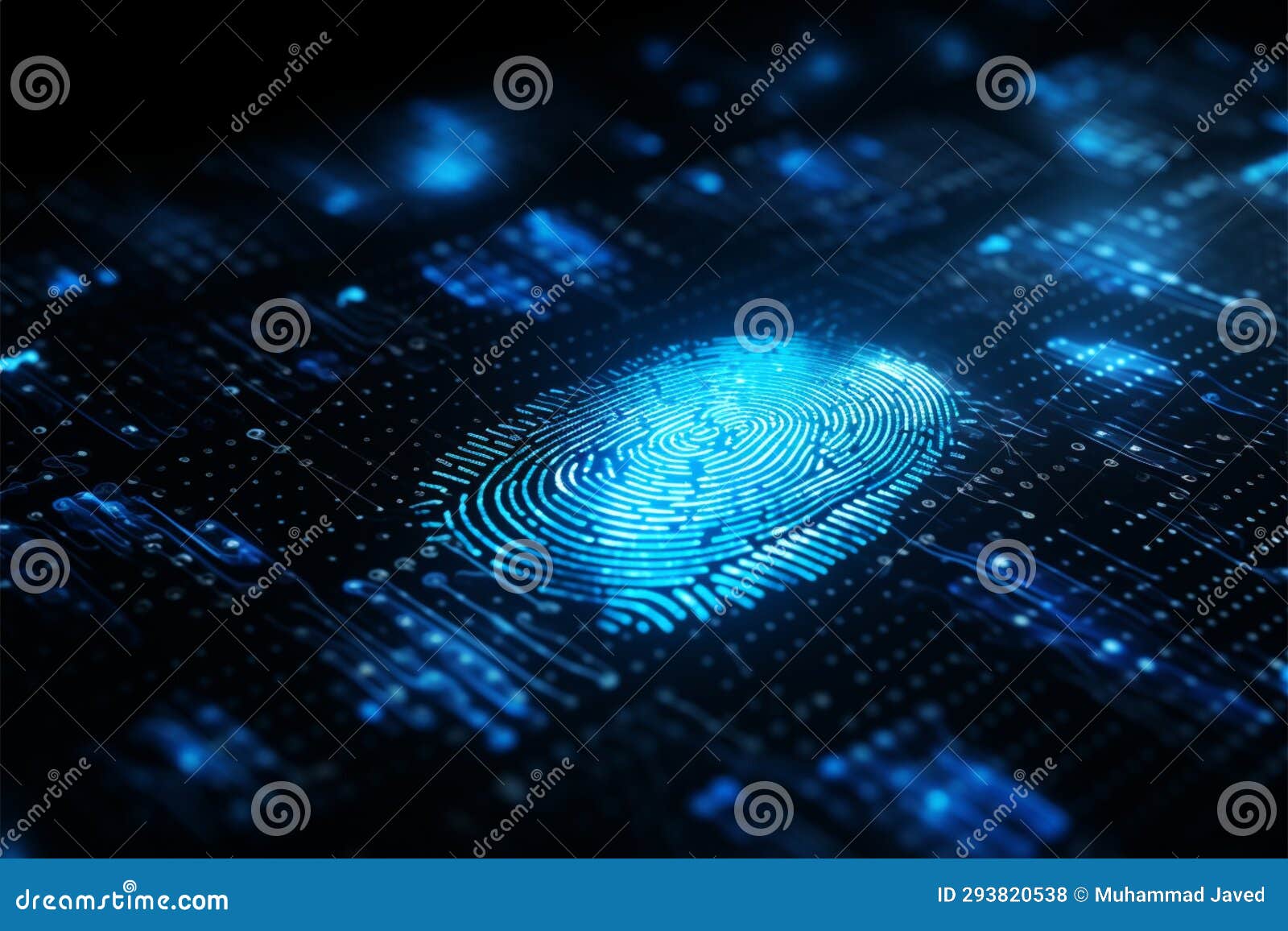 Deep Blue Backdrop Features Fingerprint Scan Combined with Binary Code Stock Illustration ...