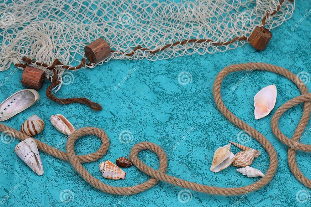Deep Blue Background with Shells, Rope and Fishnet Stock Photo - Image ...