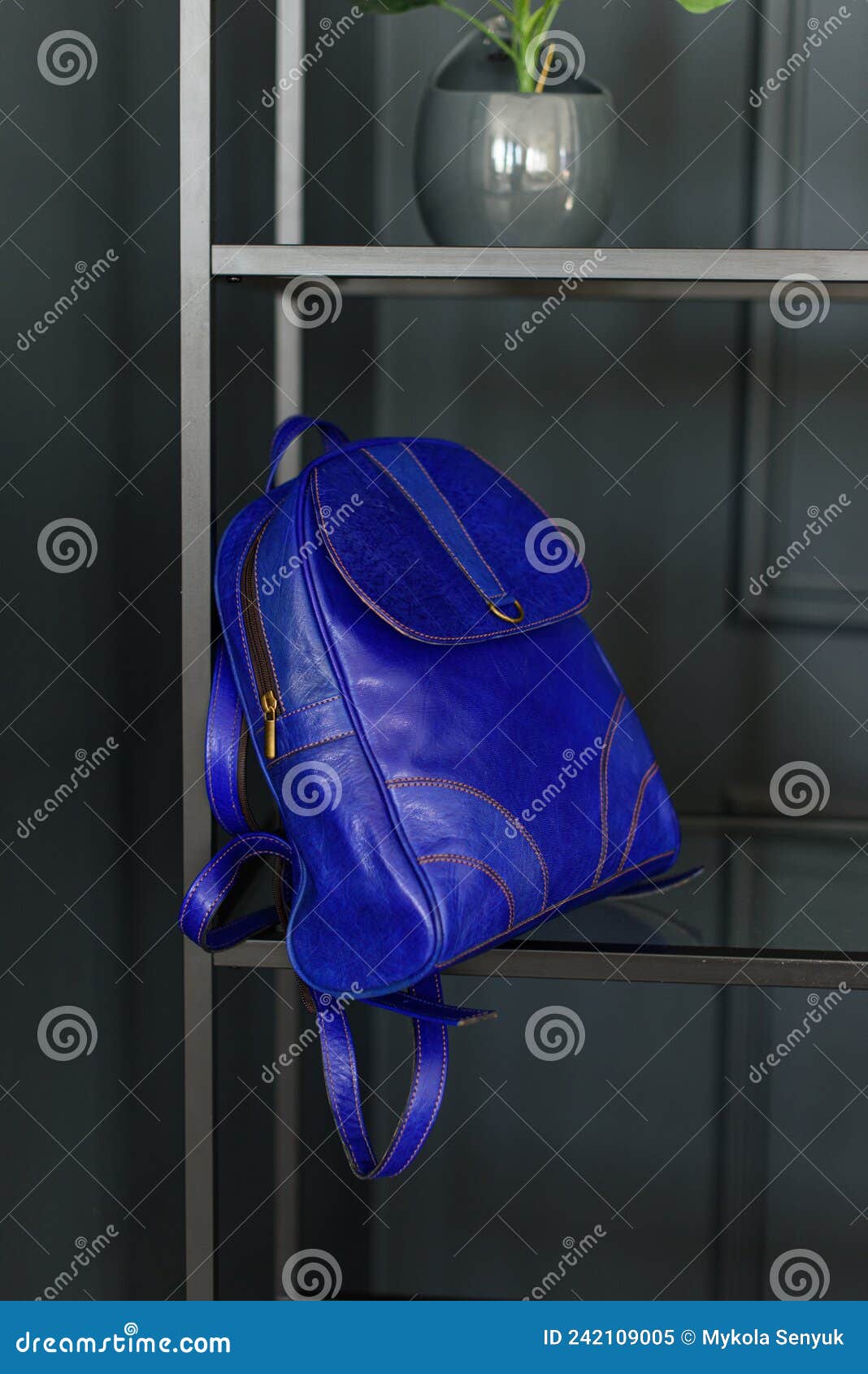 A Deep Blue Leather Modern Backpack on a Shelf Stock Image - Image of ...