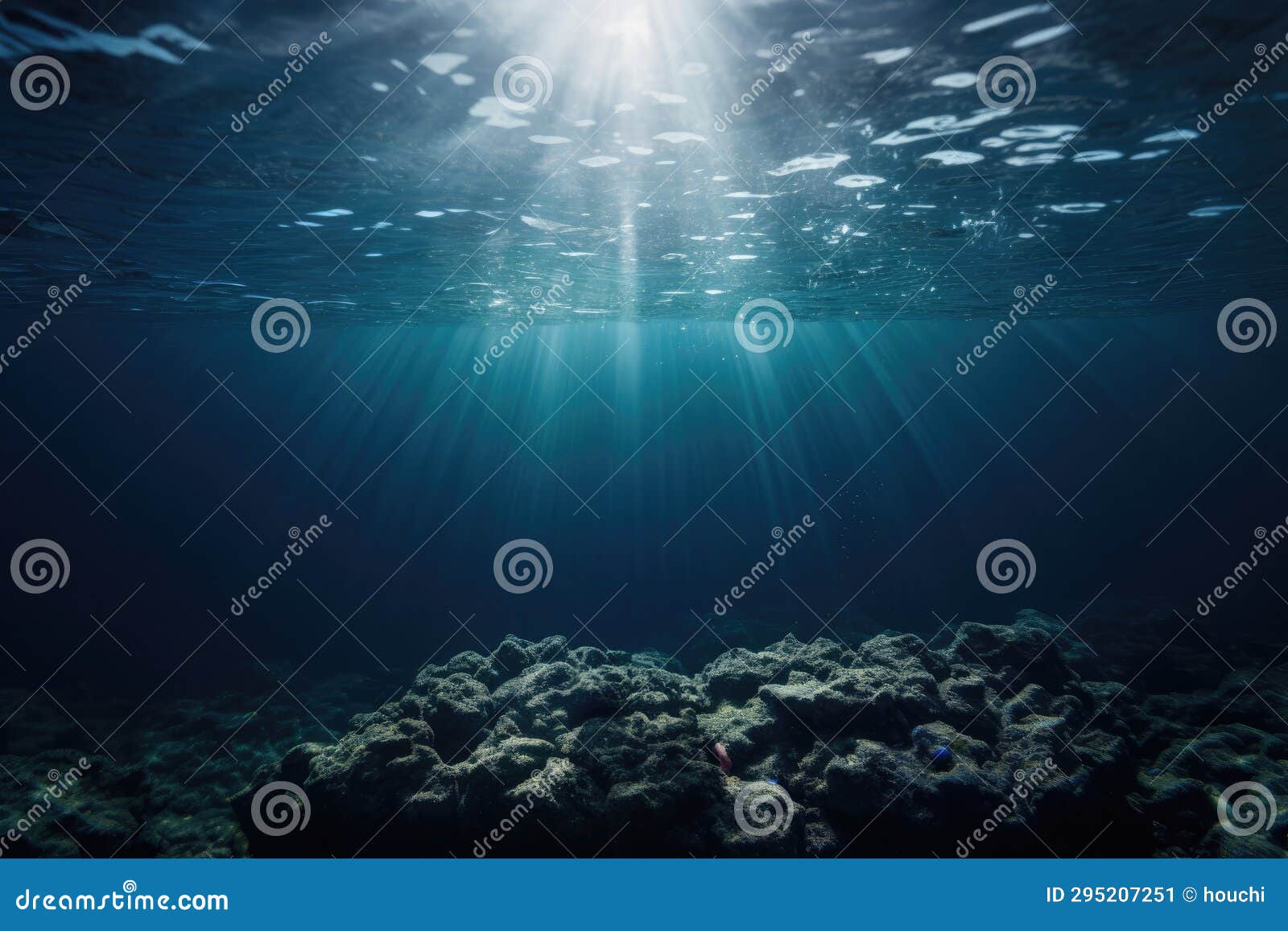 Deep Blue Ocean Floor with Reefs. Empty Ocean Bottom. Sun Rays Shining ...