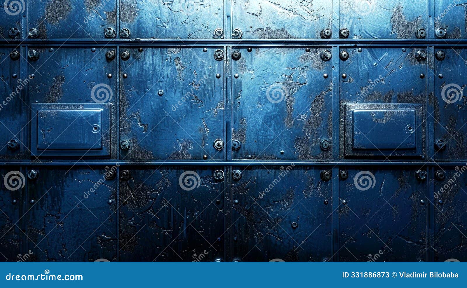 A Textured Blue Metal Wall with Recessed Panels and Riveted Details in ...