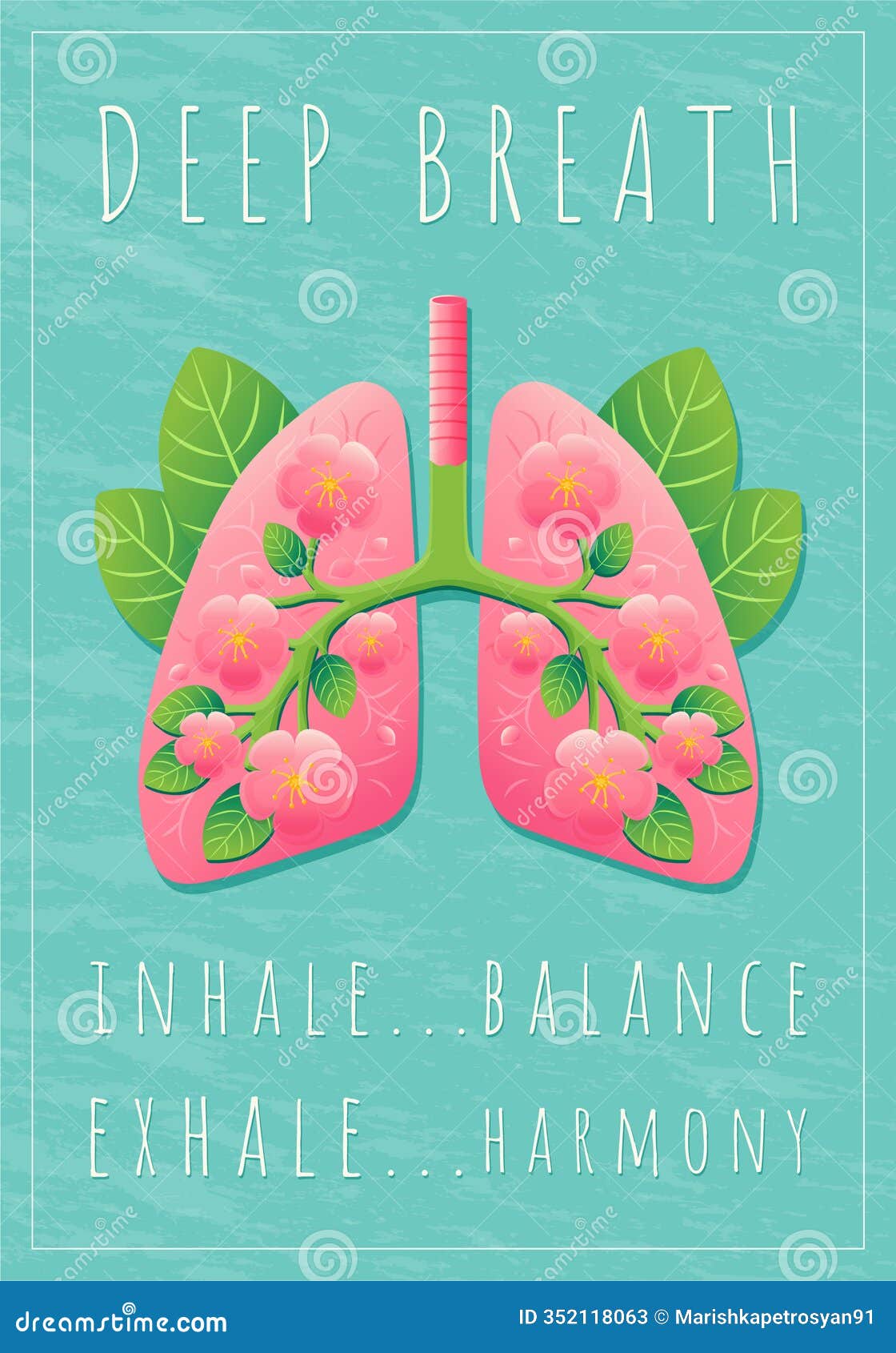 Deep Breathe Poster Design with Floral Lungs Flat Illustration Stock ...