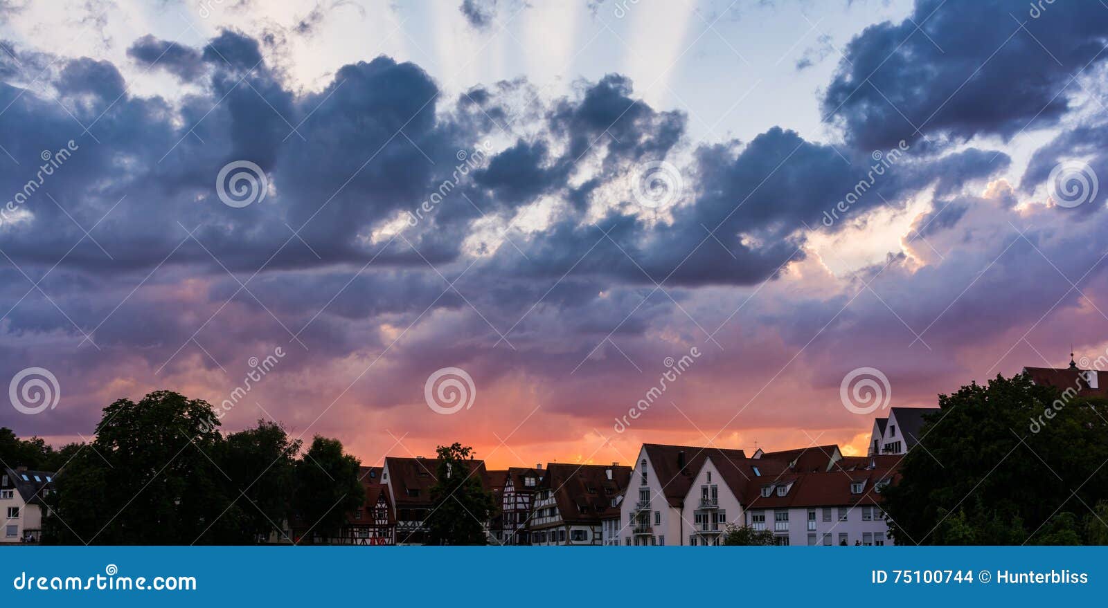 Deep Burning Red Purple Blue Ray Sunset Over German Cottages Ulm Stock ...