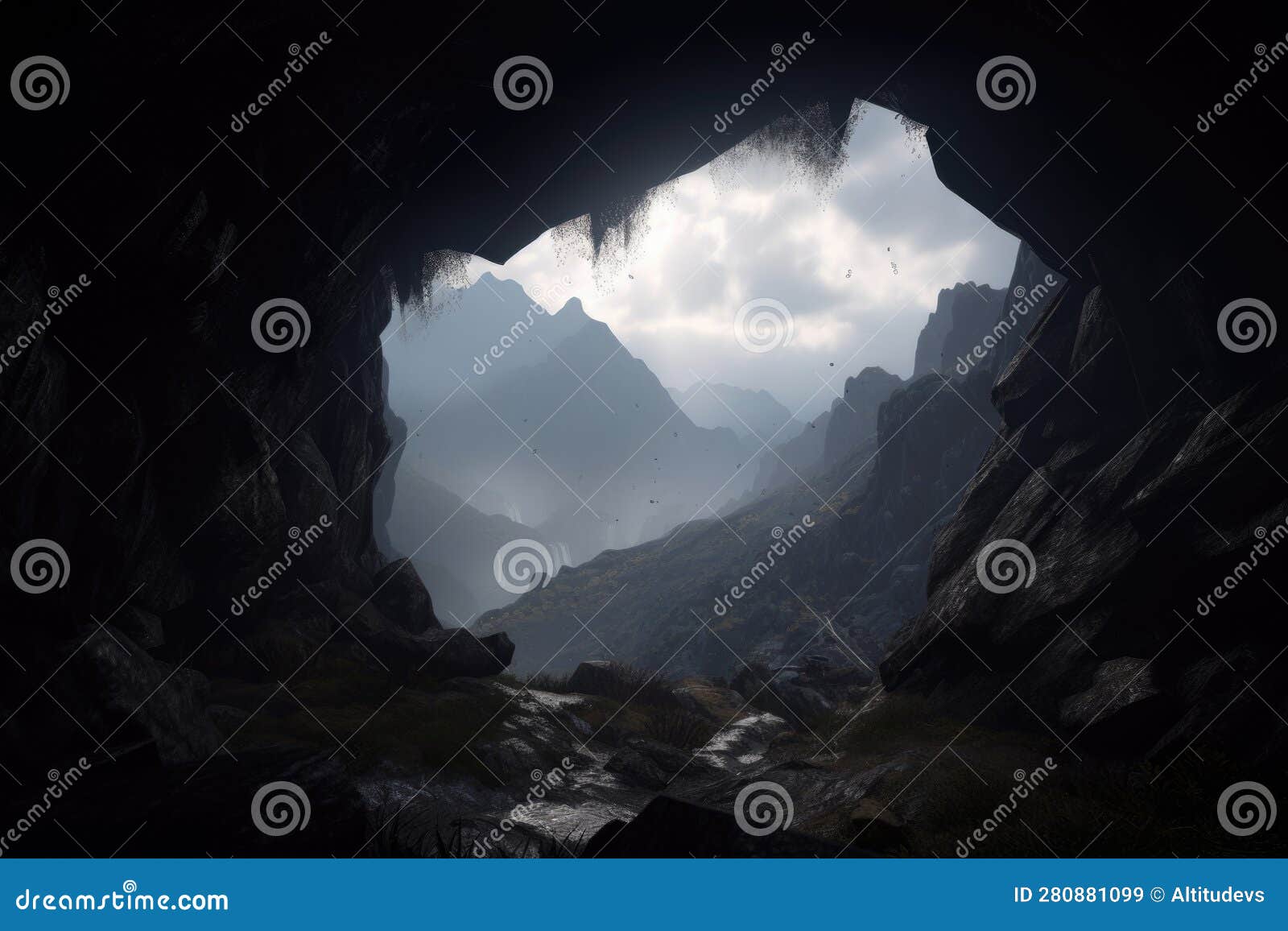 Deep Cave, with View of a Mountain Range, and Clouds Drifting Past ...
