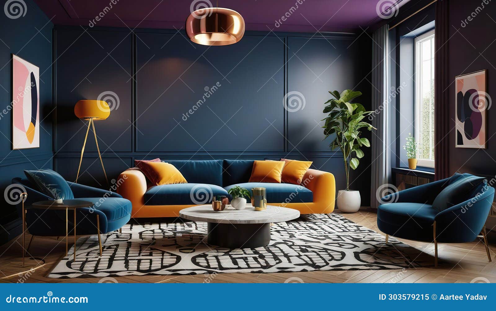 Deep-coloured Design of Living Room. Interior Concept of Memphis Design ...