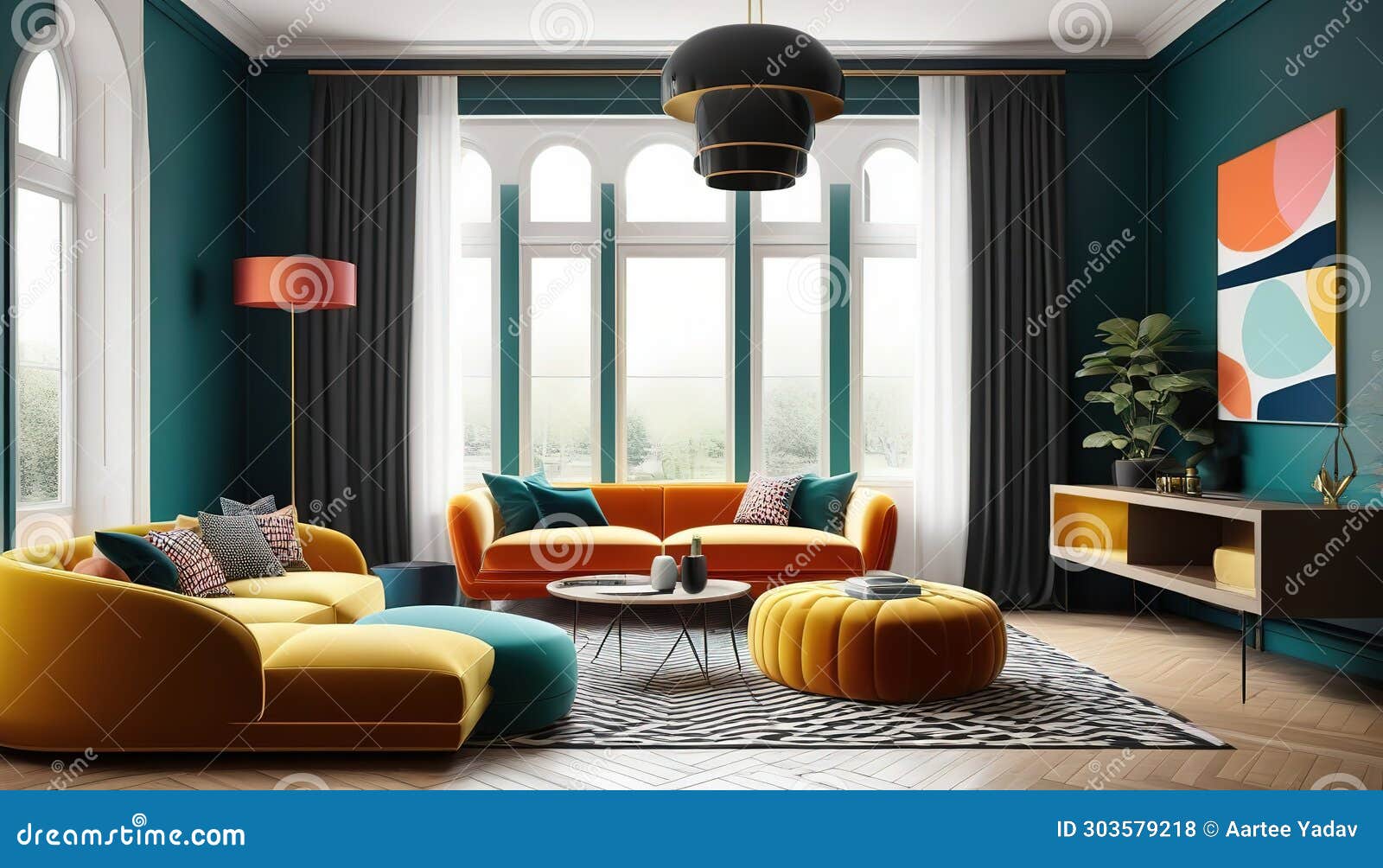 Deep-coloured Design of Living Room. Interior Concept of Memphis Design ...