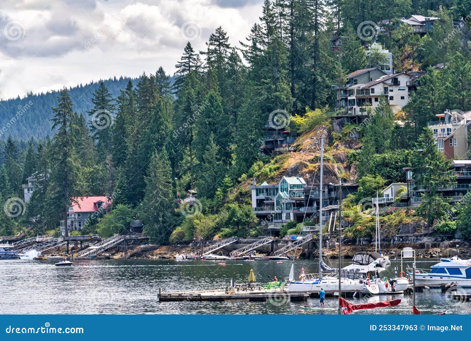 Deep Cove Bay View on Cloudy Day Stock Image - Image of motorboat ...