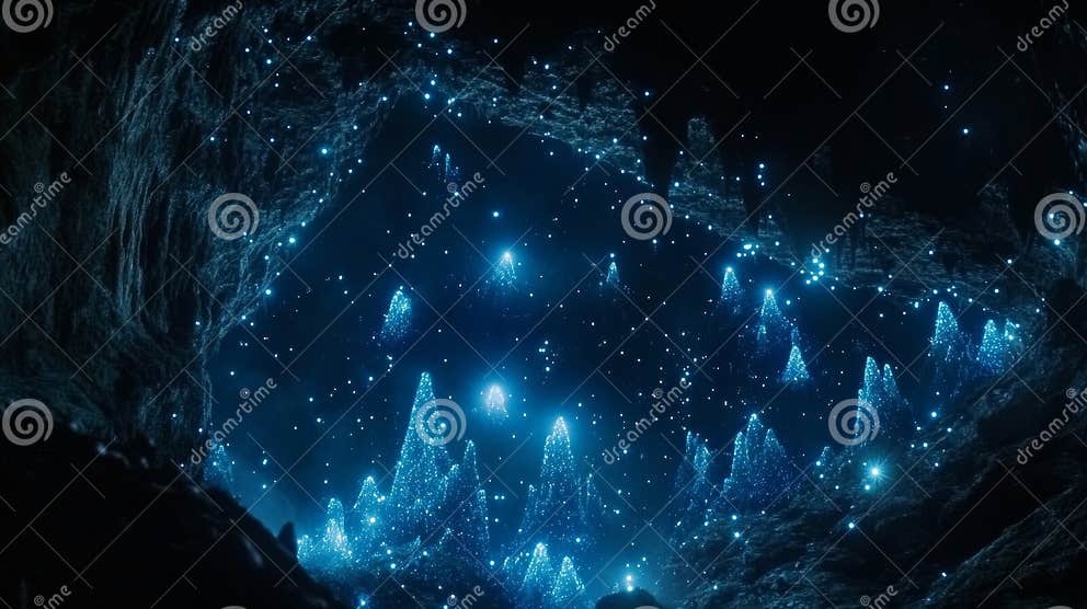 A Deep, Dark Cave Glowing with Crystals Embedded in Its Walls Stock ...