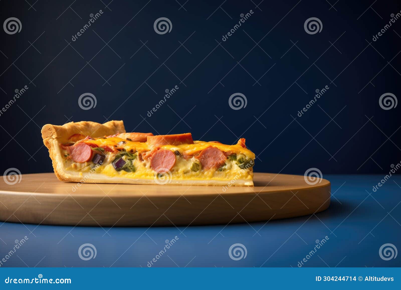 Deep Dish Slice, Side Profile Showing Layers, Navy Blue Surface Stock ...