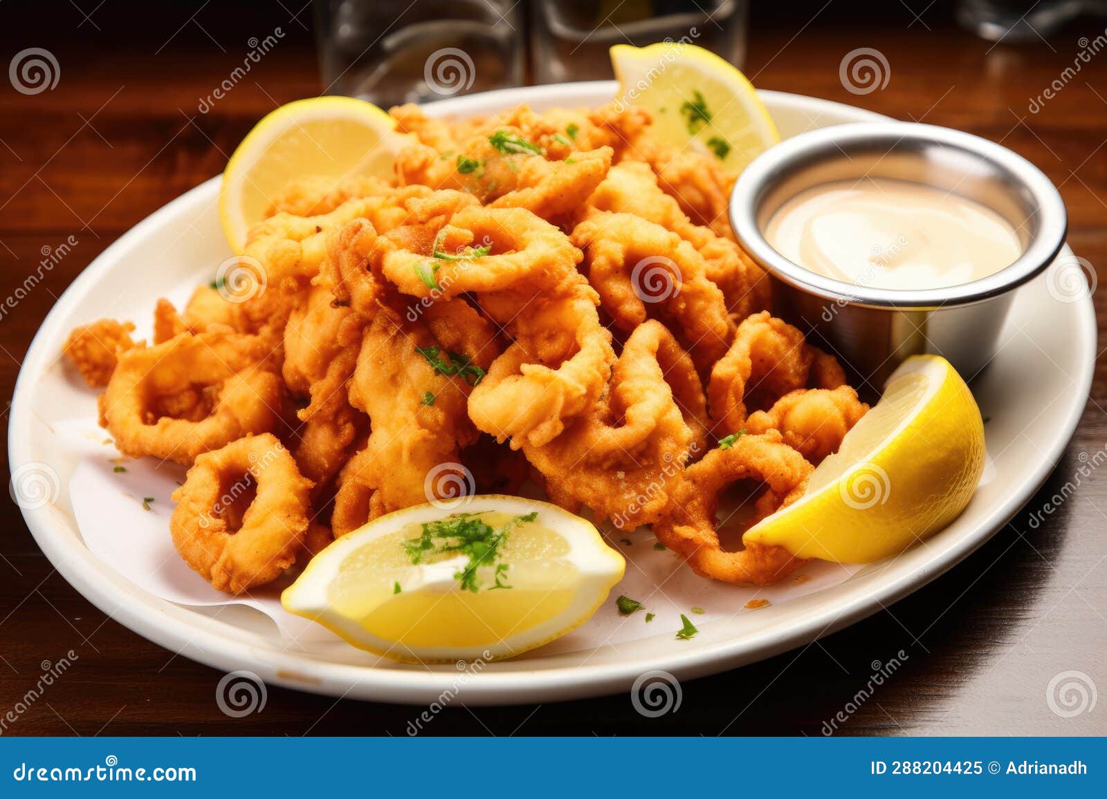 Fried Calamari Rings With Lemon And Mayonnaise Sauce On A Plate Royalty ...