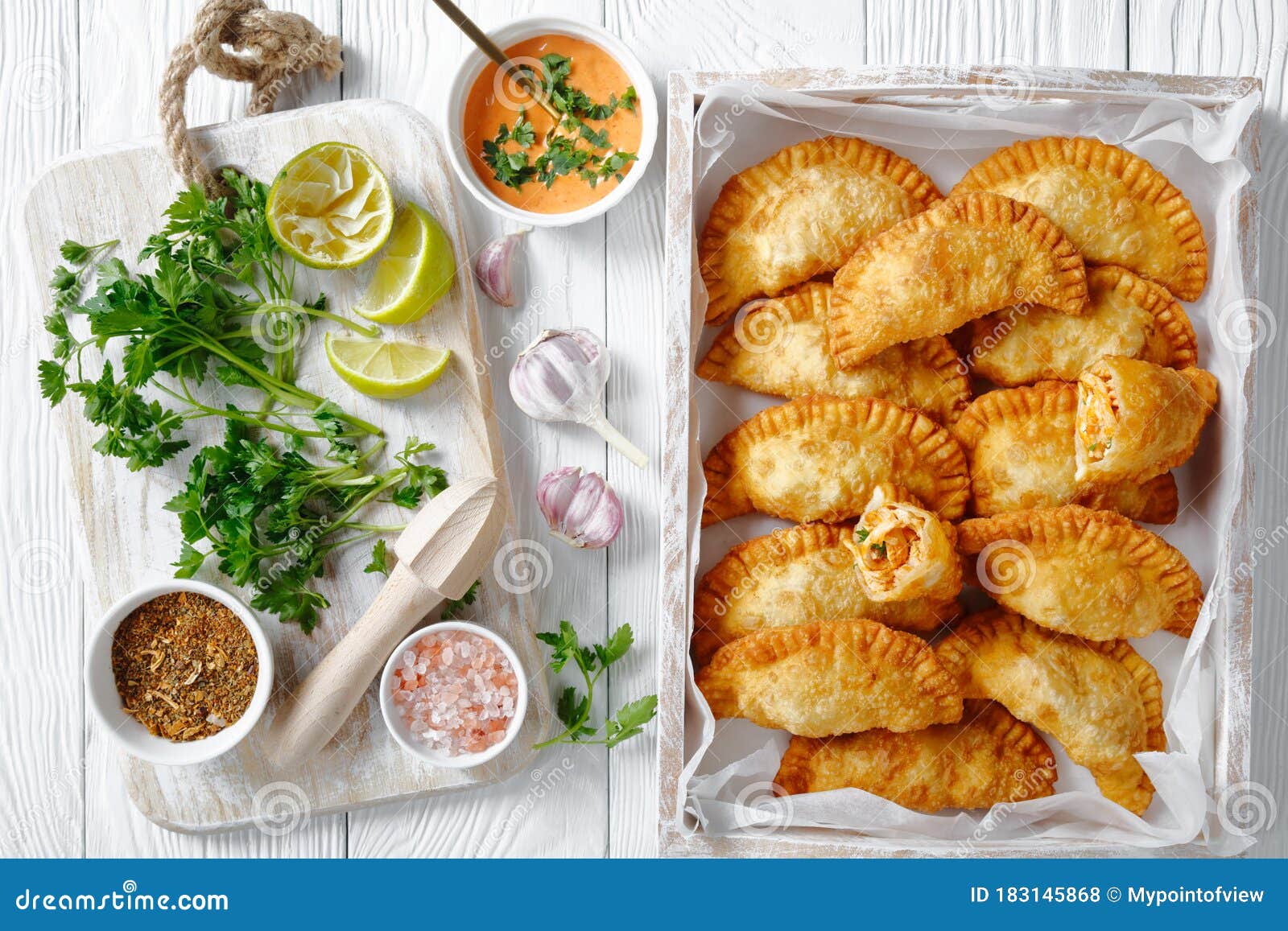 Deep Fried Empanadas in a Wooden Box Stock Photo - Image of filling ...